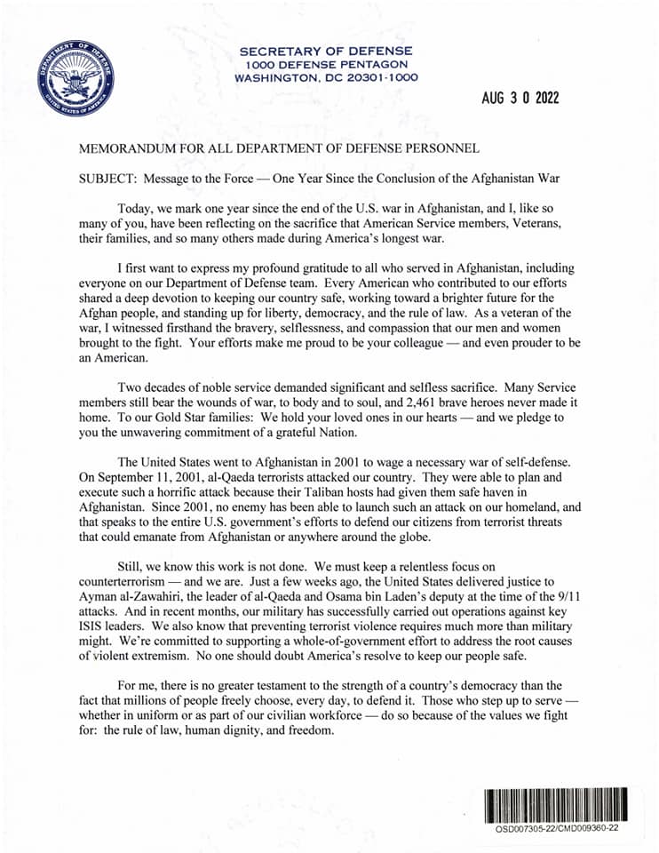 Message to the Force - One Year Since the Conclusion of the Afghanistan ...